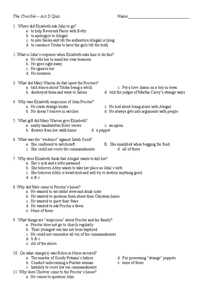 Act II Quiz for The Crucible | PDF