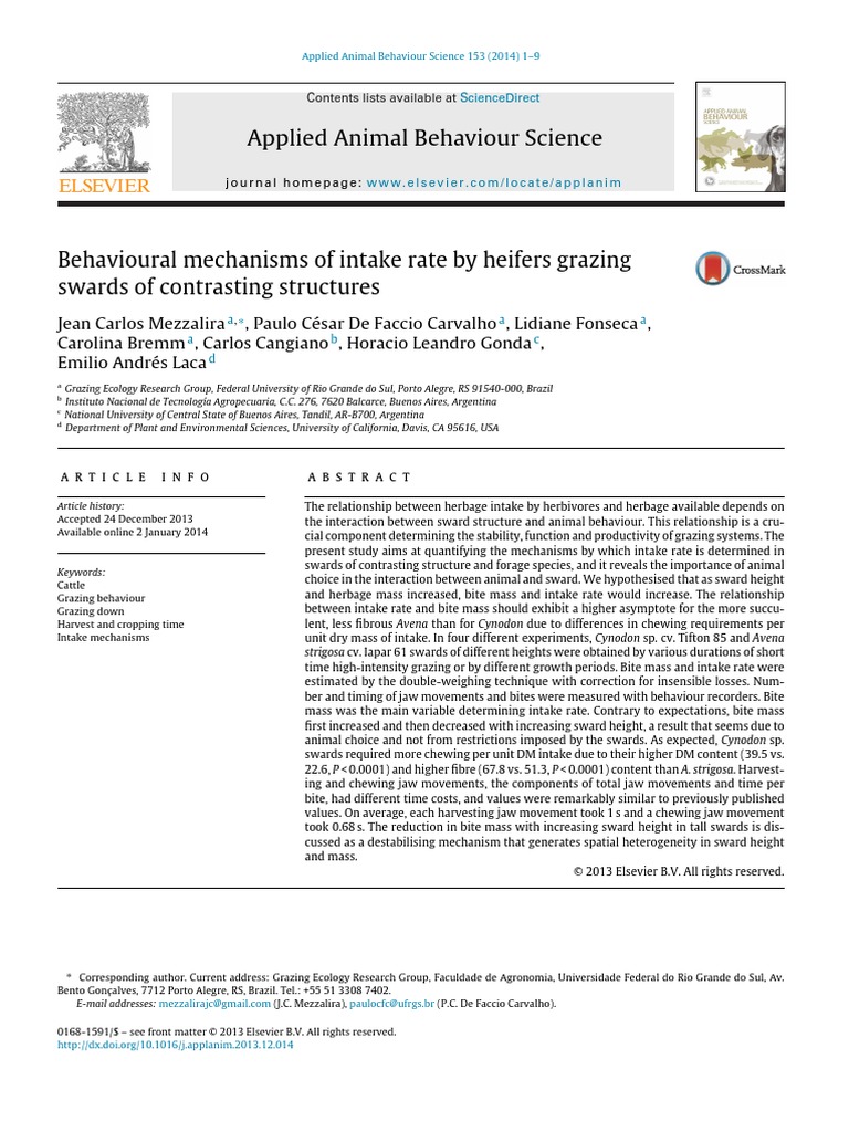 Behavioural Mechanisms of Intake Rate by Heifers Grazing Swards of Contrasting Structures | PDF ...