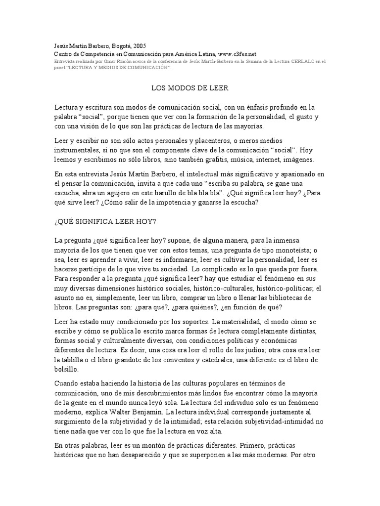 Jesús Martín Barbero Los Modos de Leer | PDF | Creatividad | Libros Jesús Martín Barbero Los Modos de Leer | PDF | Creatividad | Libros