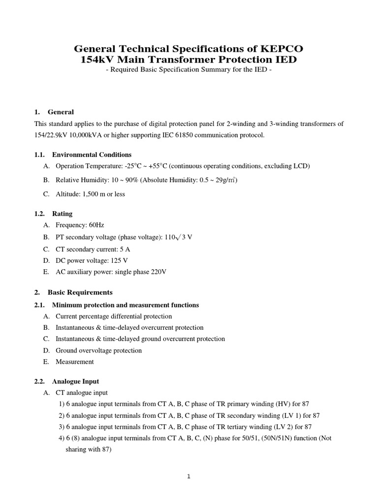 Attachment 1 - General Technical Specifications of KEPCO - Main TR Protection - Summary by ...
