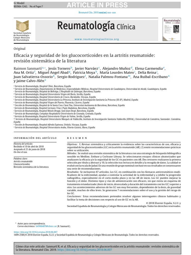 Reumatol Clin 2019 Eficacia Seguridad Glucocorticoides en AR | PDF ...