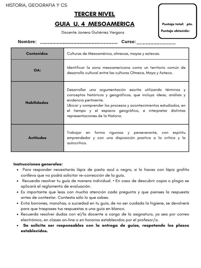 Guia 4 Historia Primer Nivel 12 Copias | PDF | Mesoamérica
