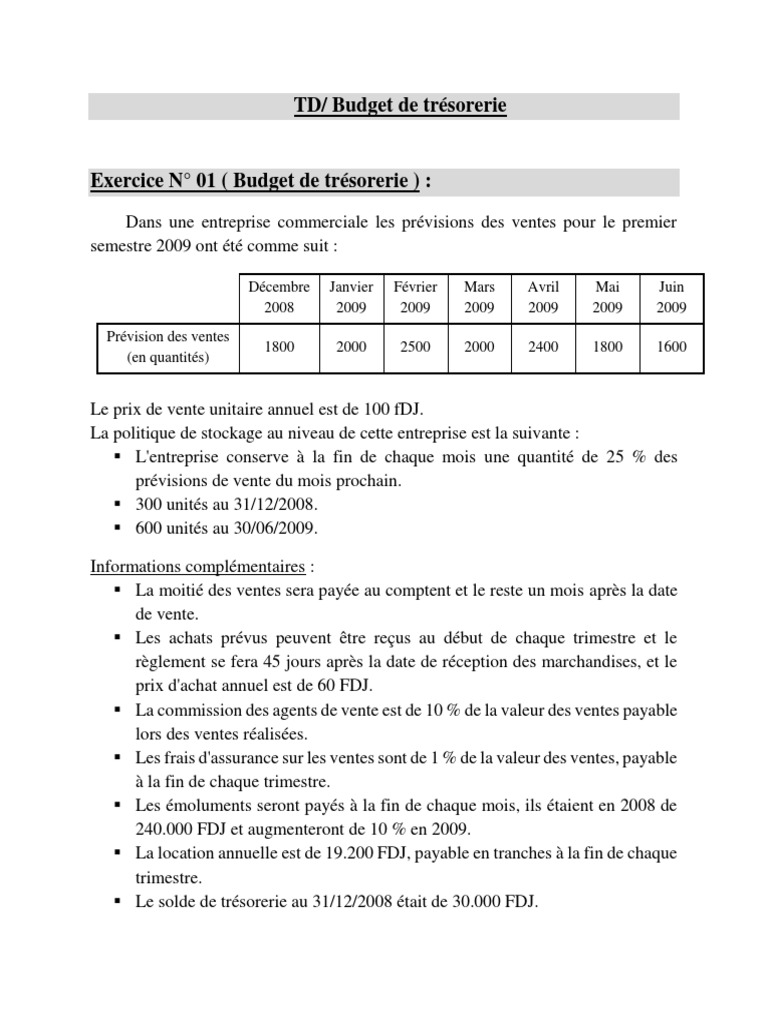 TD Budget de Tresorerie | PDF