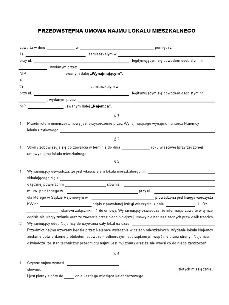 251 Przedwstepna Umowa Najmu Lokalu Mieszkalnego | PDF