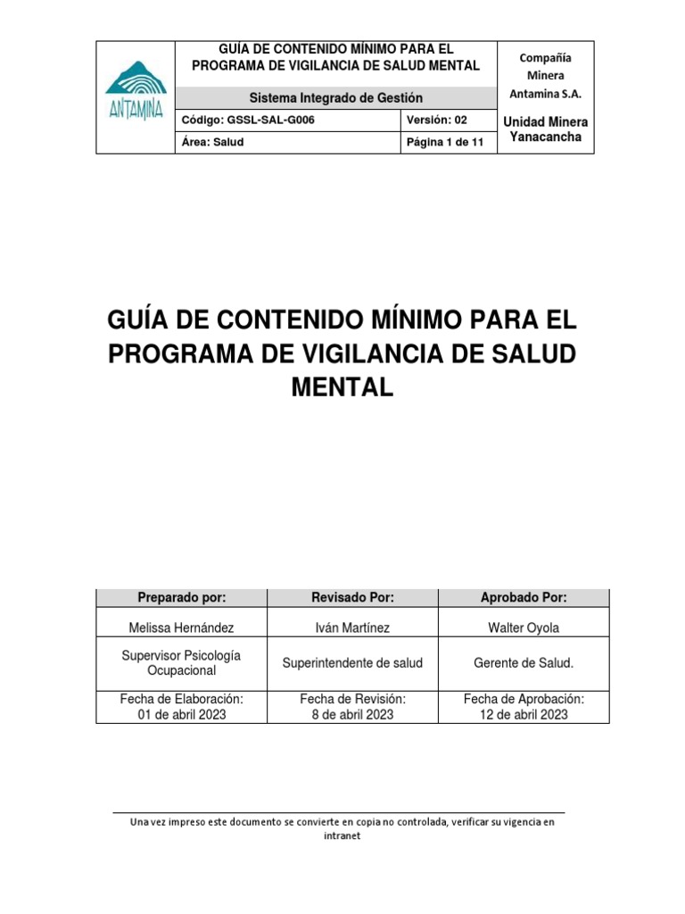 GSSL-SAL G006 Guia para La Elaboración Del Programa de Vigilancia de La Salud Mental V02 | PDF ...