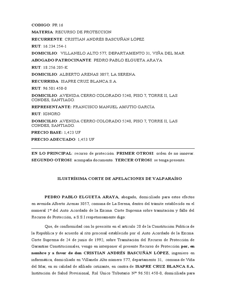 Recurso Isapre CRISTIAN BASCUÑAN | PDF | Ley común | Justicia