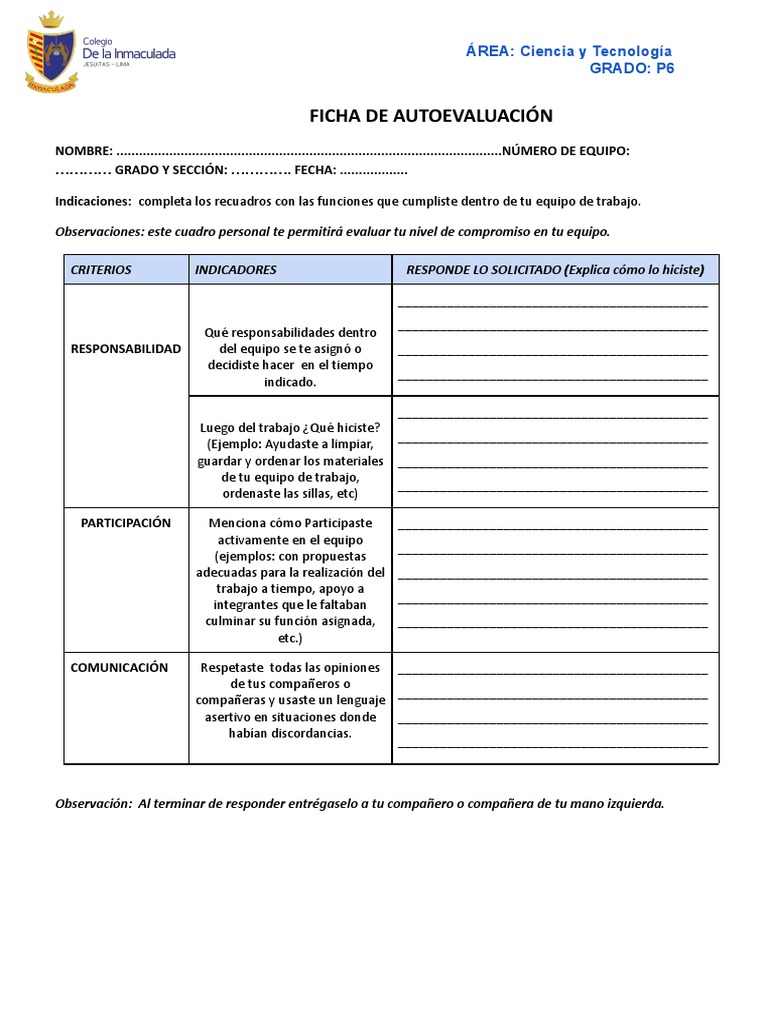 FICHA DE AUTO y COEVALUACIÓN | PDF
