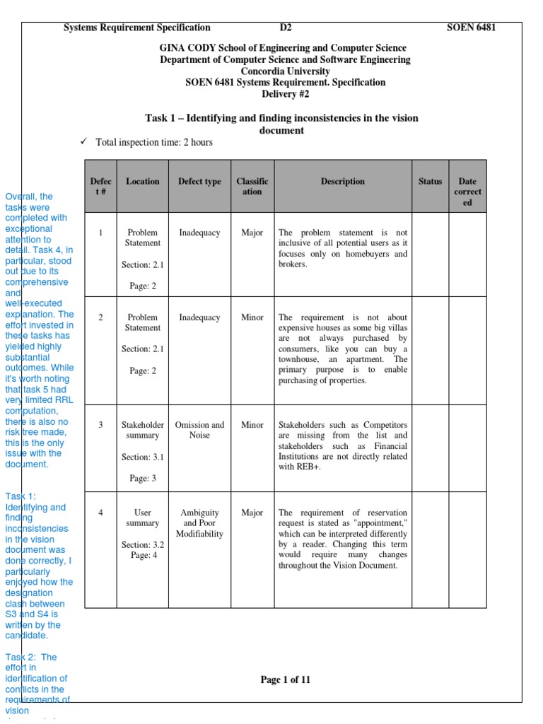 Task 1 - Identifying and Finding Inconsistencies in The Vision Document | PDF