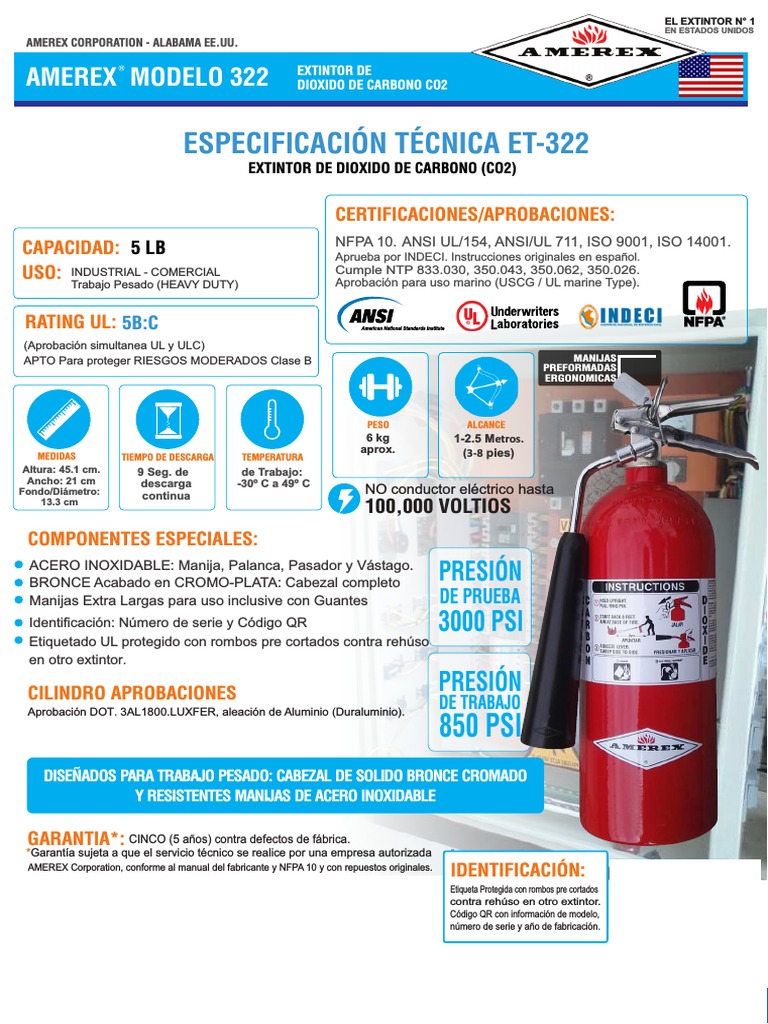 Extintor Amerex CO2 5 Libras Certificacion UL Indeci Nfpa 10 NTP 350 043 | PDF