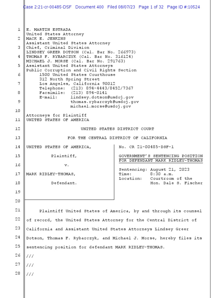 U.S. Government Prosecutors Sentencing Memo For Mark Ridley-Thomas ...