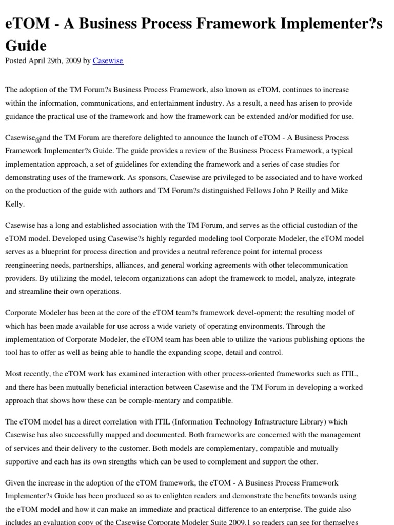 PressReleasePoint - eTOM - A Business Process Framework Implementer's ...