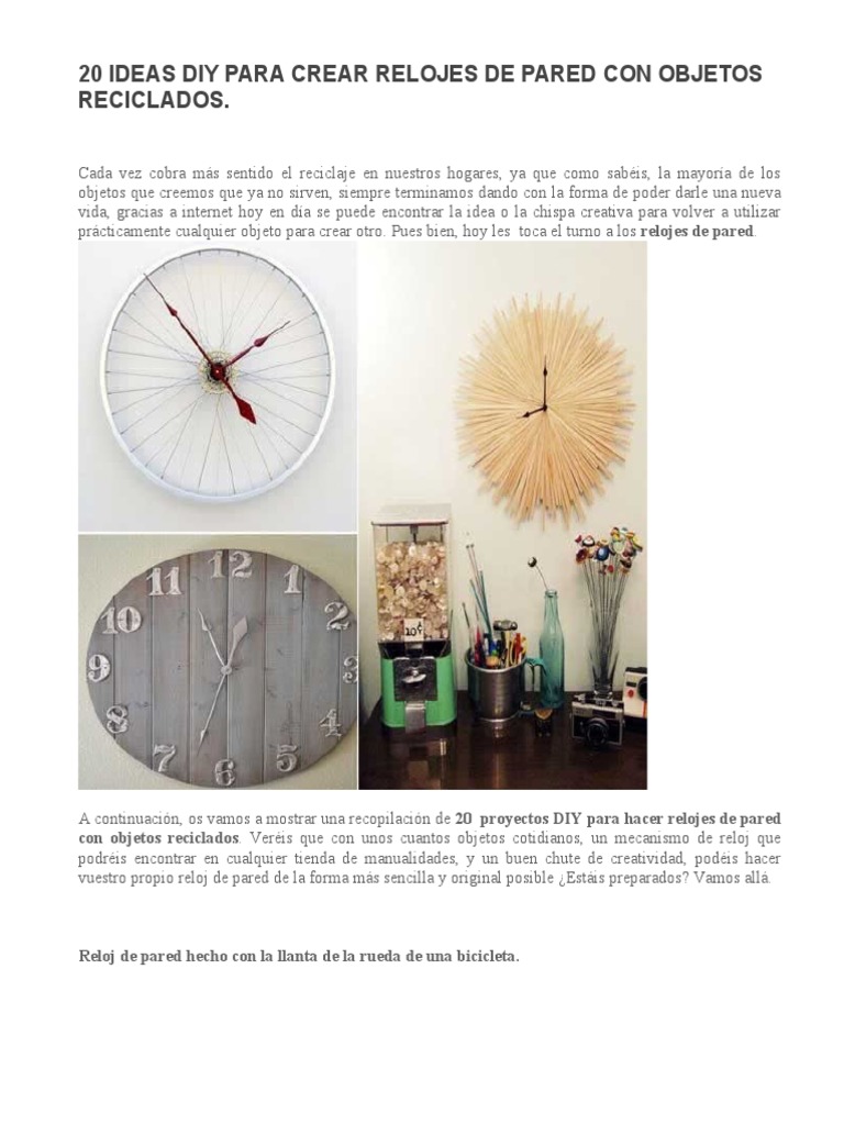 20 Ideas Diy para Crear Relojes de Pared Con Objetos Reciclados | PDF