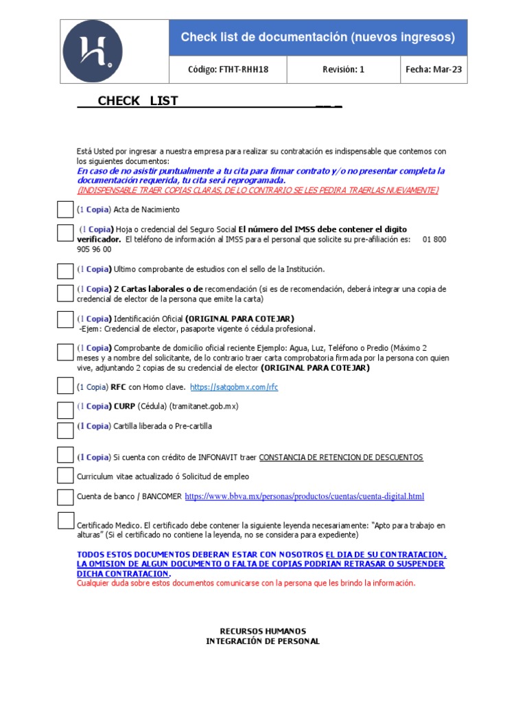 FTHT-RHH18 Check List de Documentación (Nuevos Ingresos) | PDF