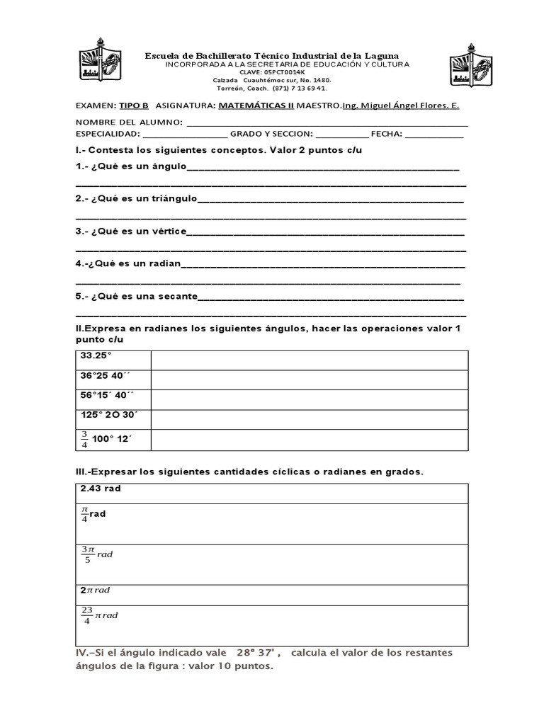 Examen B Matematicas Ii 2° Parcial Bateil 20223 | PDF