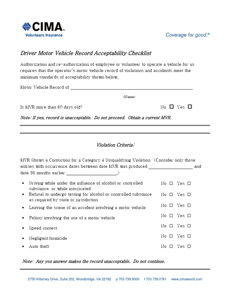 Driver MVR Acceptability Checklist | PDF | Driving | Driving Under The ...