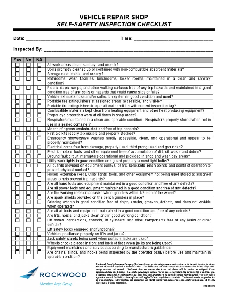 Vehicle Repair Inspection Checklist | PDF | Safety | Grinding (Abrasive ...