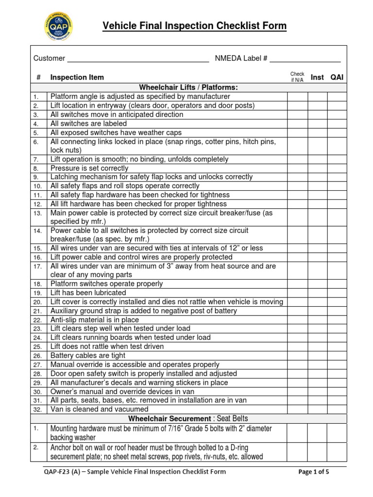 Vehicle Final Inspection Checklist Form | PDF | Door | Seat Belt