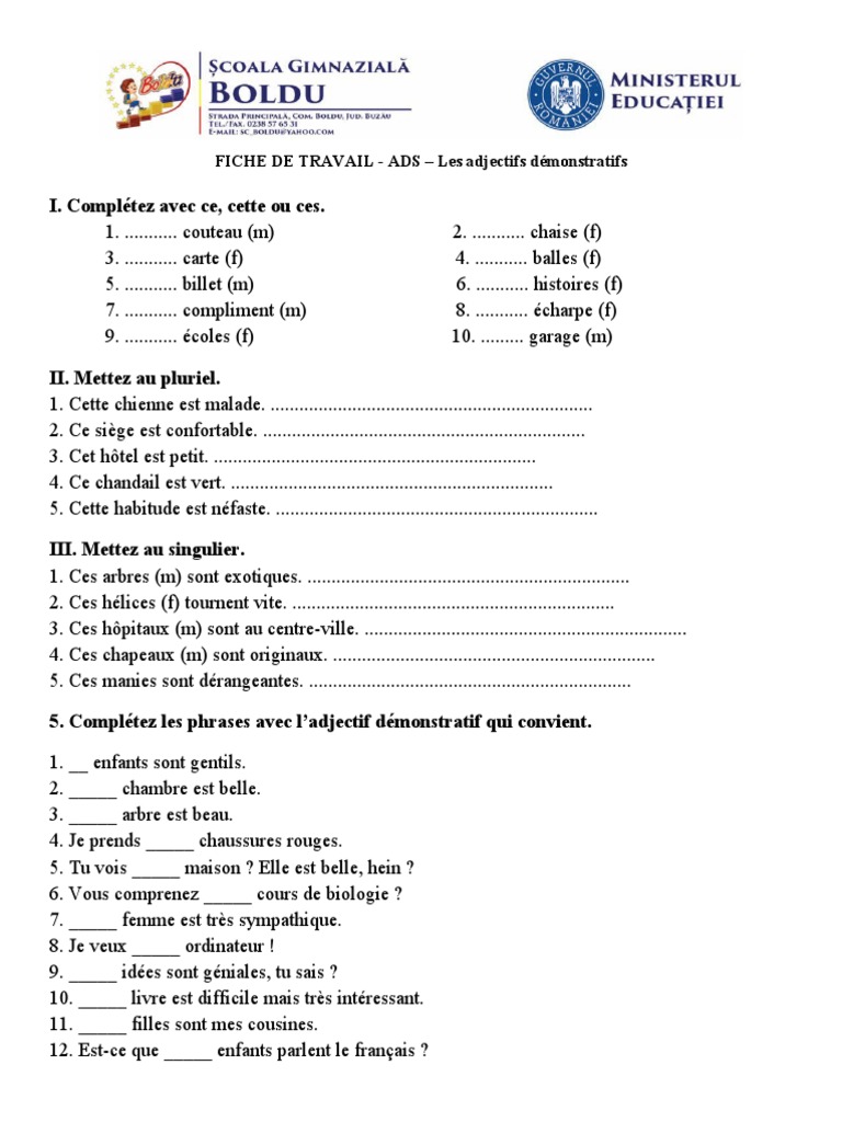 Fiche de travail sur les adjectifs démonstratifs | PDF