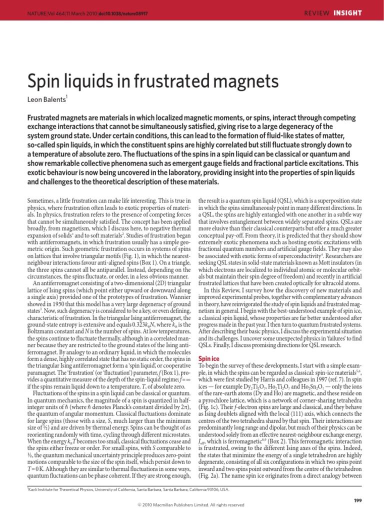 Balents Balents Nature 2010 Spin Liquids in Frustrated Magnets | PDF