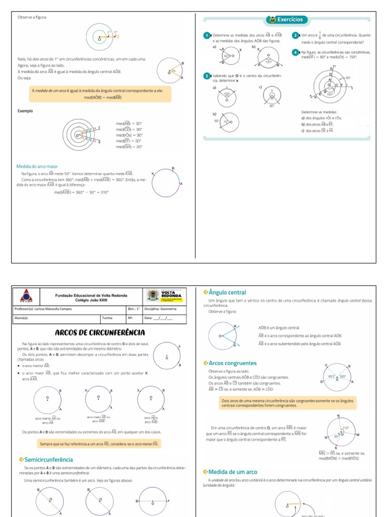 Lista de Conteúdo e Exercícios - 9 Ano - Arcos de Circunferencia | PDF Lista de Conteúdo e Exercícios - 9 Ano - Arcos de Circunferencia | PDF