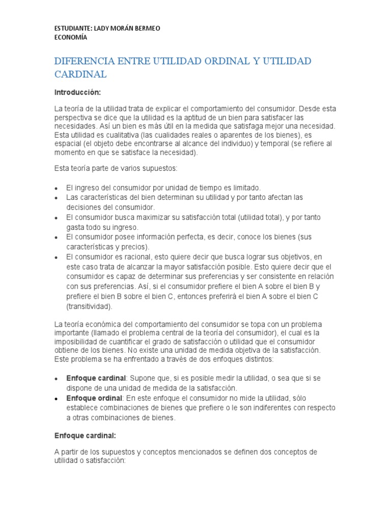 Diferencia Entre Utilidad Ordinal y Utilidad Cardinal | PDF | Utilidad ...