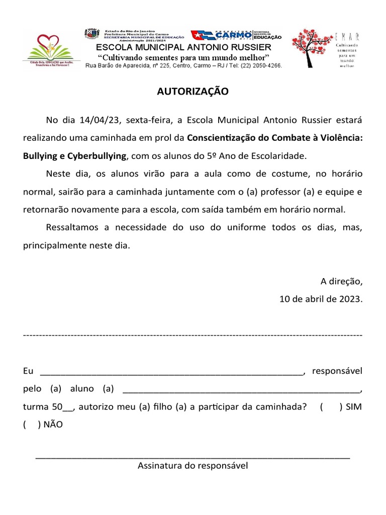 Autorização para Passeios Escolares | PDF | Esportes e Recreação