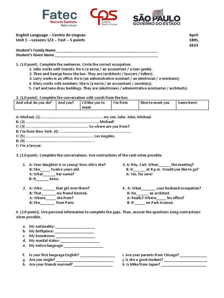 Test 1 - Unit 1 - Lesson 1 and 2 | PDF