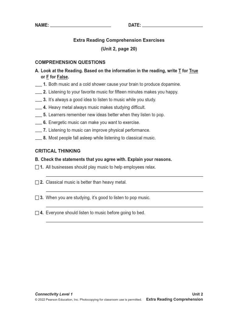 CTY1 Extra Reading Comprehension Unit 2 | PDF