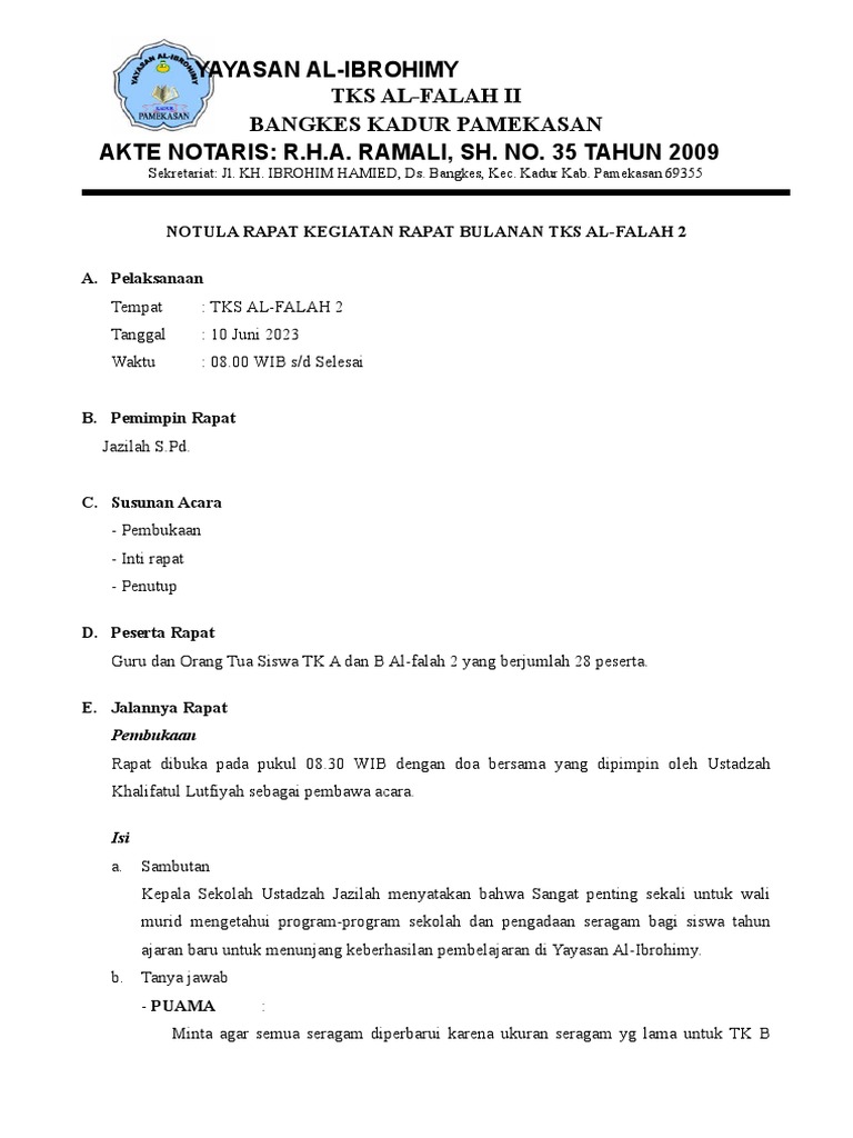 Notula Rapat Bulanan TKS Al-Falah 2 | PDF