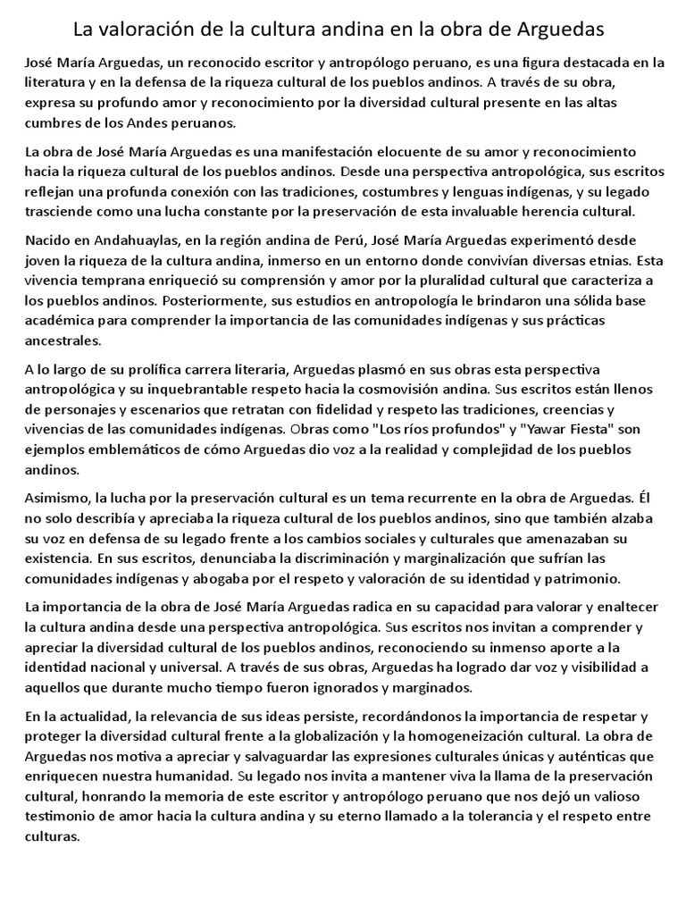 La Valoración de La Cultura Andina en La Obra de Arguedas | PDF