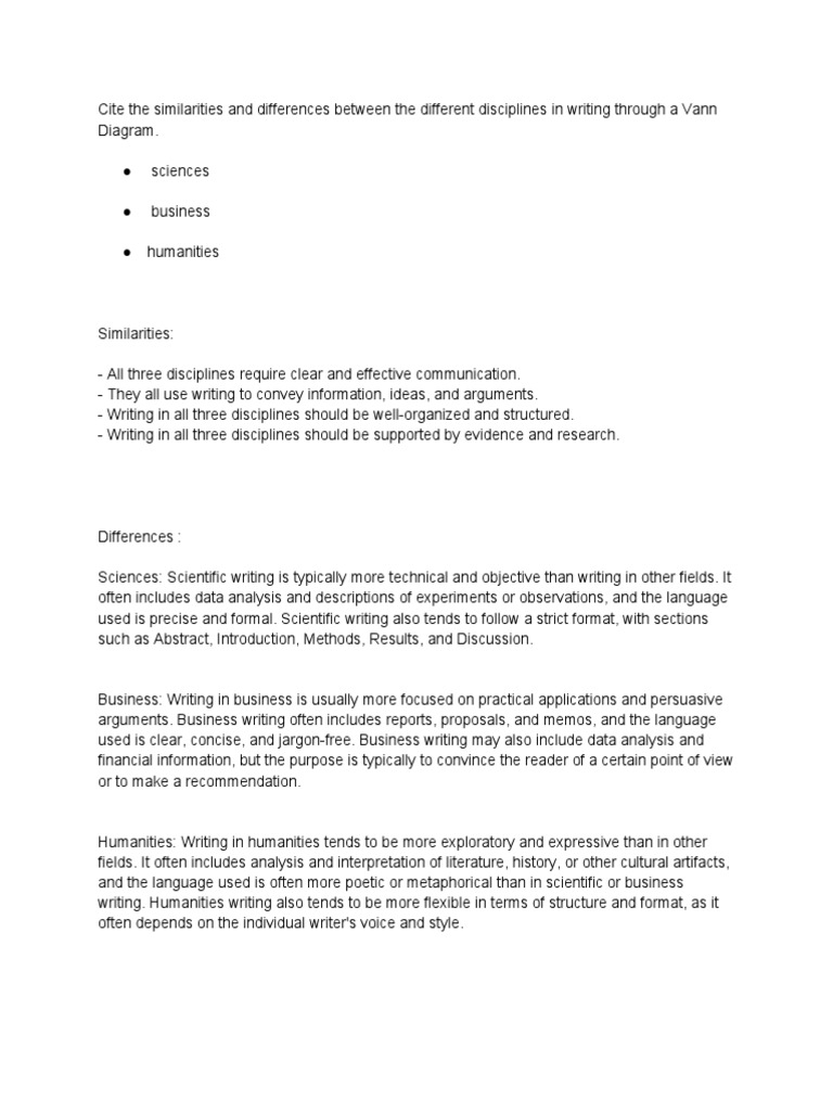 Cite the similarities and differences between the different disciplines ...