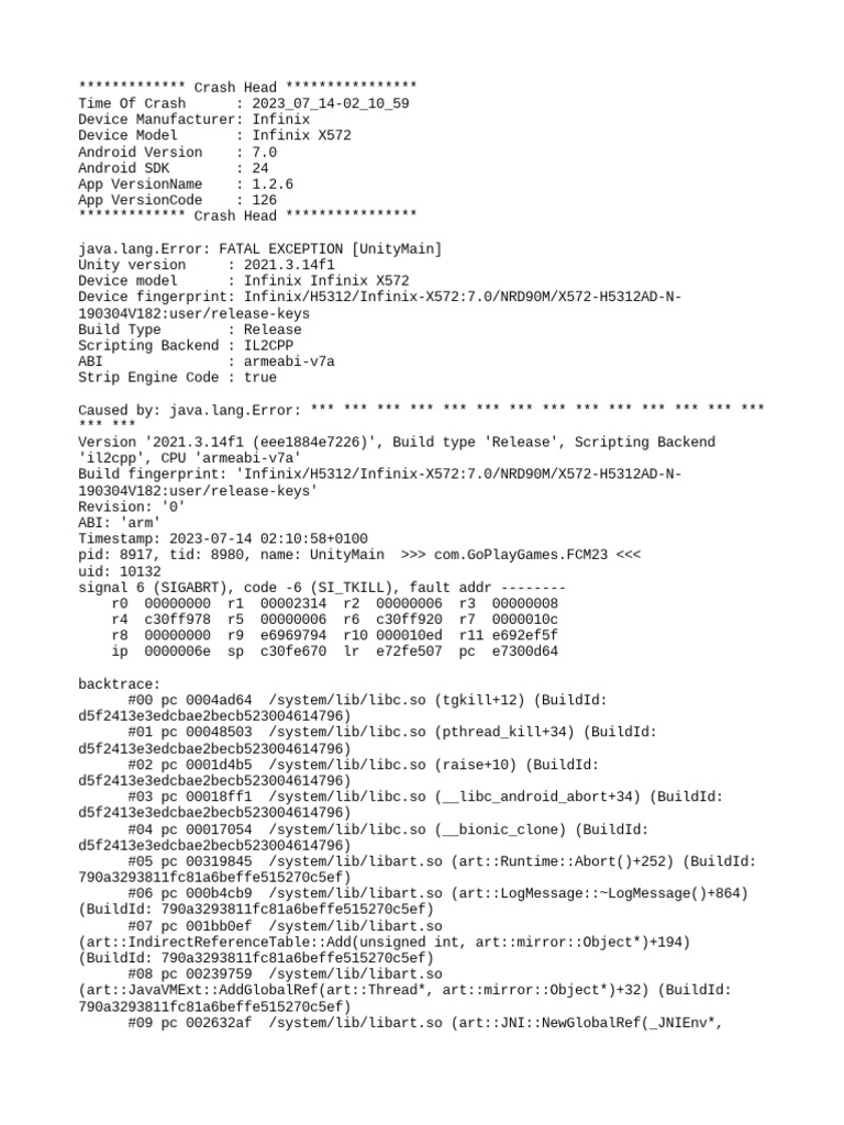 Unity Crash Report for Infinix X572 | PDF | Android (Operating System) | Embedded Linux ...
