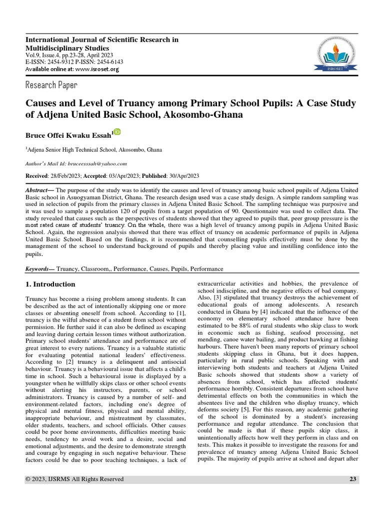 Research Paper Causes and Level of Truancy Among Primary School Pupils ...