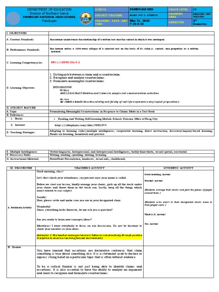 LP Claim and Counterclaims | PDF | Learning | Argument