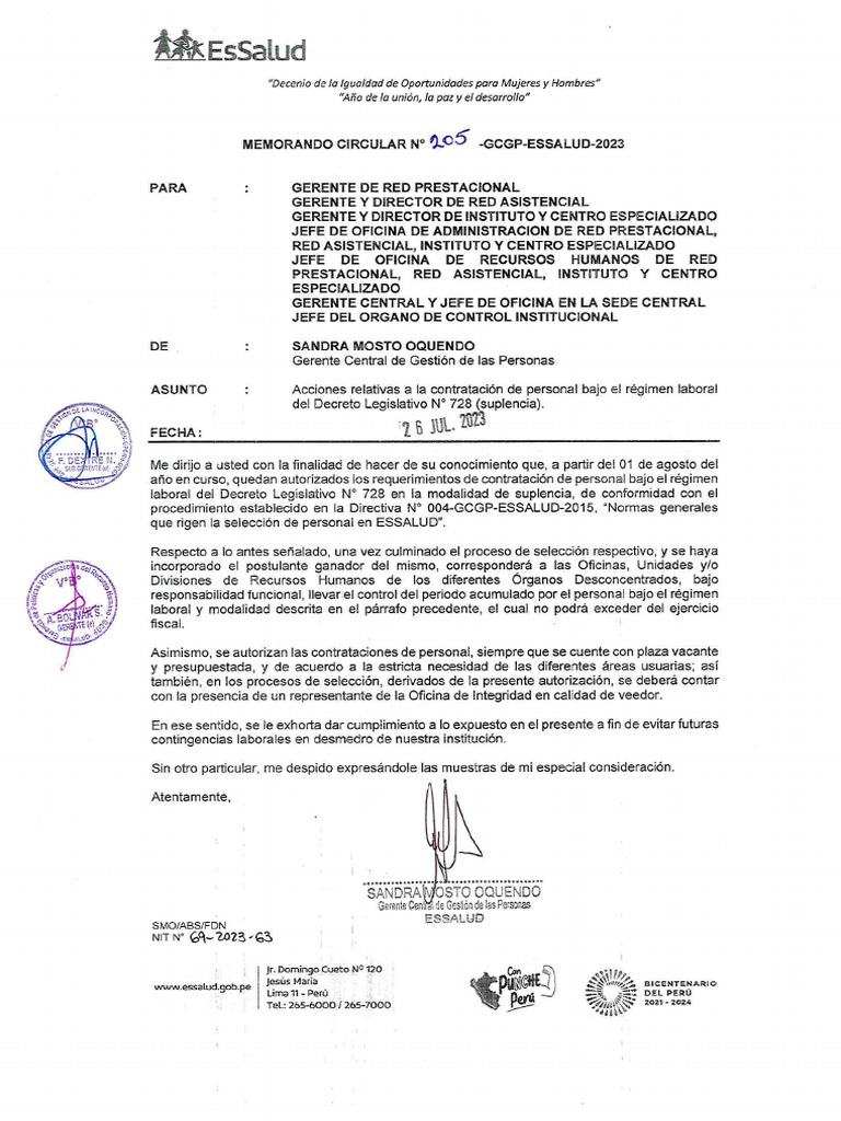 Memorando Circular N 205-Gcgp-Essalud-2023 | PDF