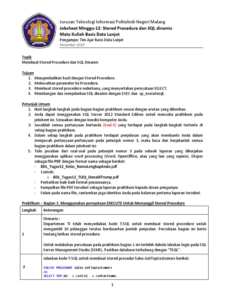 Jobsheet Minggu 12 Stored Procedure Dan Sql Dinamis Pdf