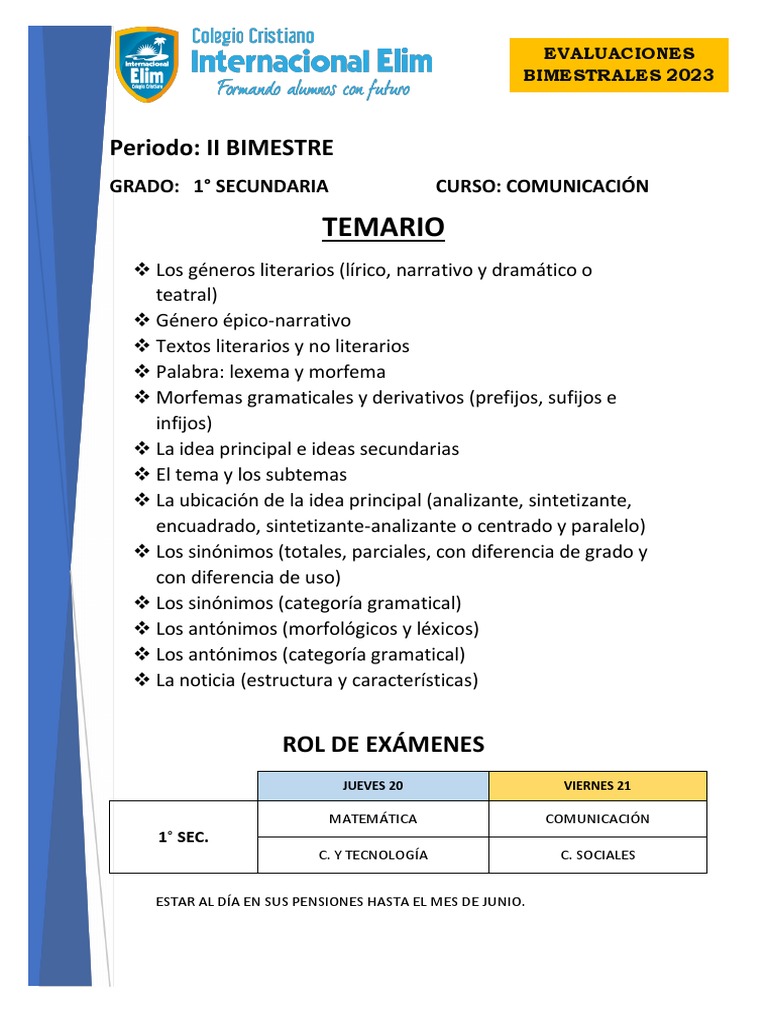 Temario 1 de Secundaria Ii Bimestre 2023 | PDF