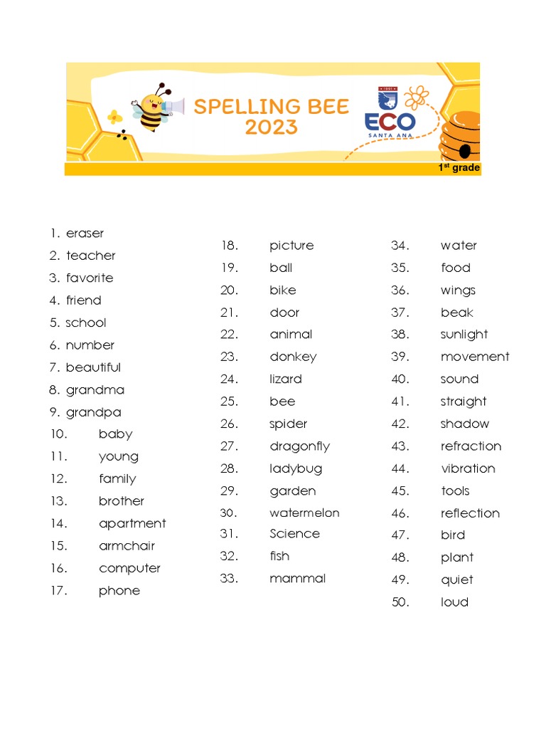 Spelling Bee 1st Grade 2023 | PDF