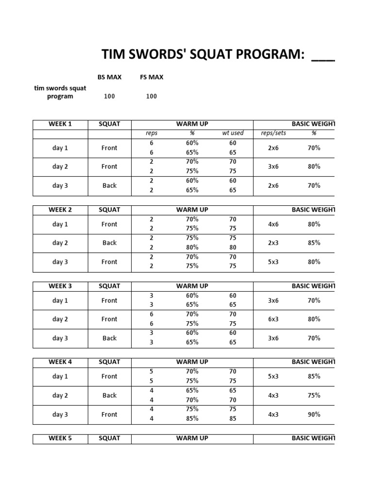 Tim Swords 7 Week Squat Program (Front Squat Focus) v2.1 | PDF | Weight ...