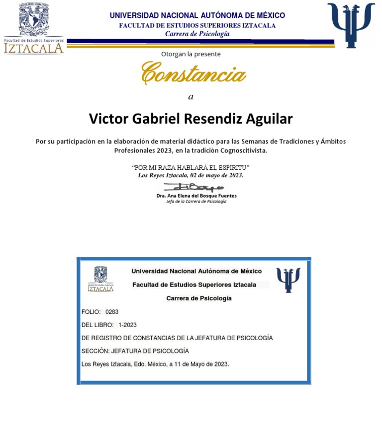 Constancia UNAM Psicología 2023 | PDF | Relaciones personales, crianza ...