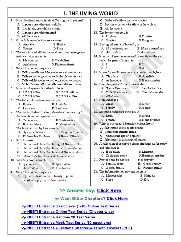 NEET Living World MCQs and Answers | PDF