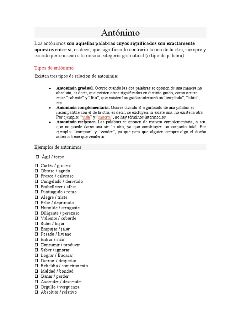 Tipos y Ejemplos de Antónimos | PDF