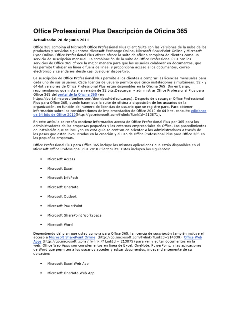 Office Professional Plus Descripción de Oficina 365 | PDF | Microsoft ...