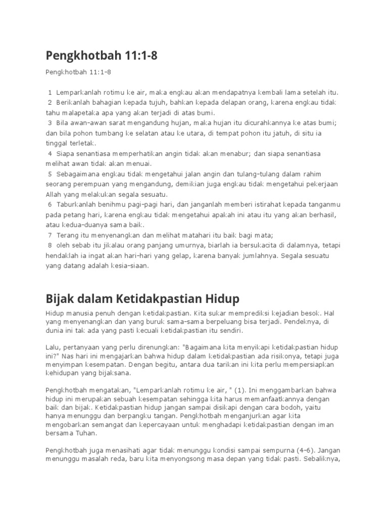 Khotbah Pengkhotbah 11 Ayat 1-8 | PDF