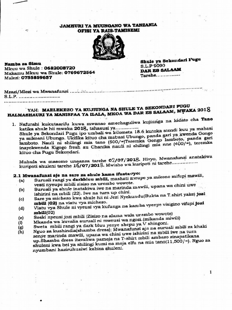 Pugu Secondary School Joining Instruction - Compressed | PDF