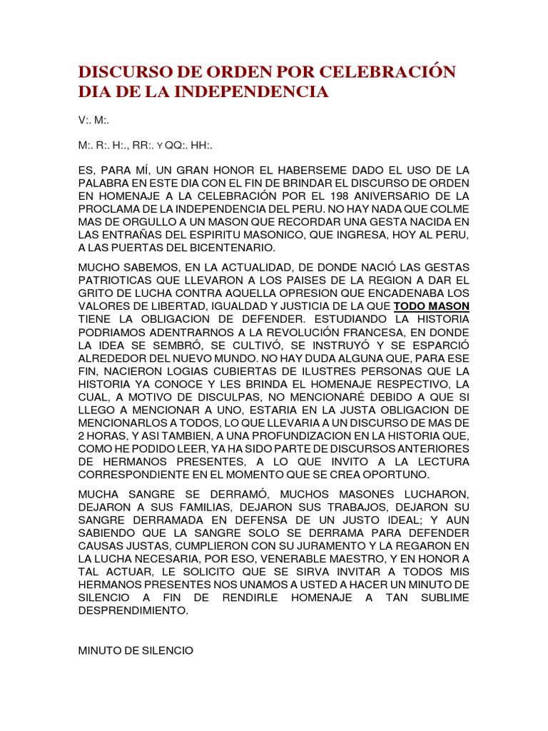 Discurso de Orden Por Celebracion Dia de La Independencia | PDF