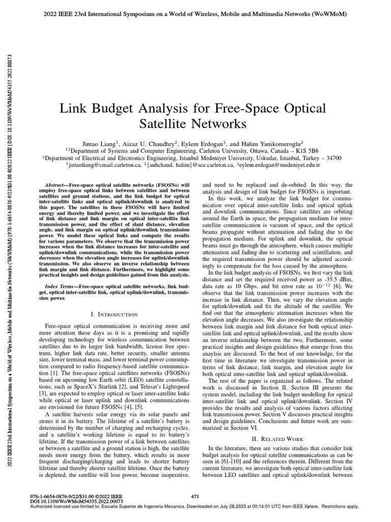 Link Budget Analysis For Free-Space Optical Satellite Networks | PDF
