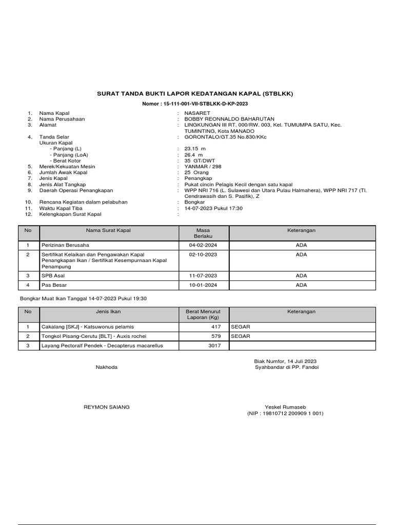 SPB Datang 15 111 001 VII STBLKK D KP 2023 | PDF