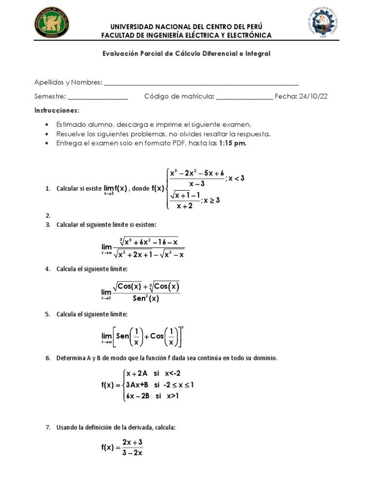 Examen Parcial de CÃ¡lculo Diferencial e Integral | PDF | Derivado | Funciones y mapeos