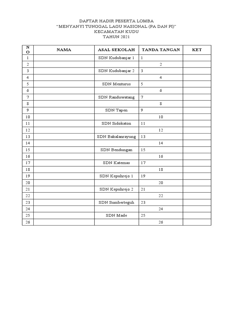 Daftar Hadir Peserta Lomba | PDF